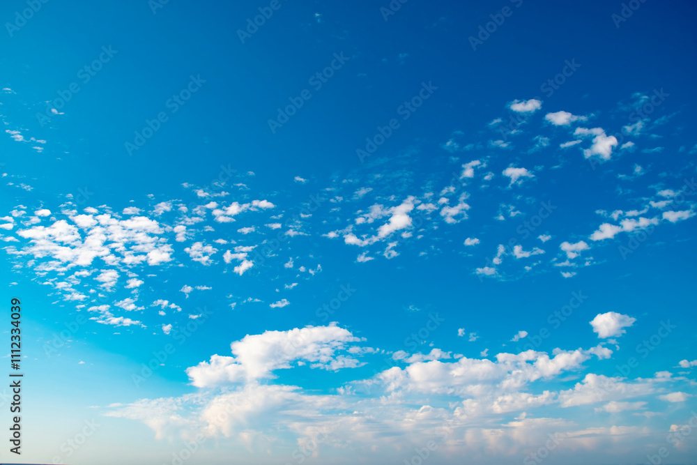 Background with calm blue sky and white cumulus clouds. Relaxing ...