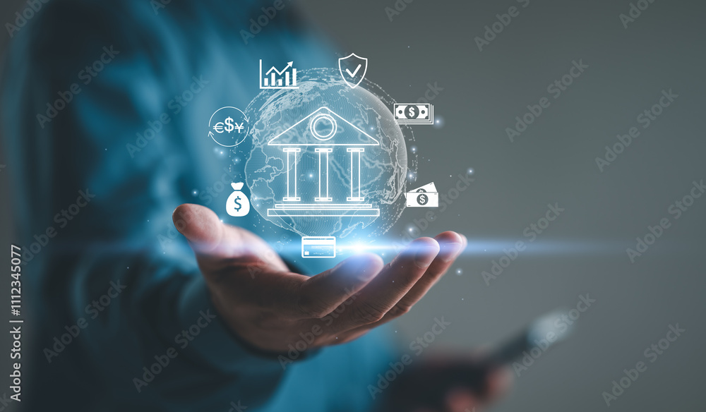 Financial Technology and digital banking Concept. Businessman presents ...