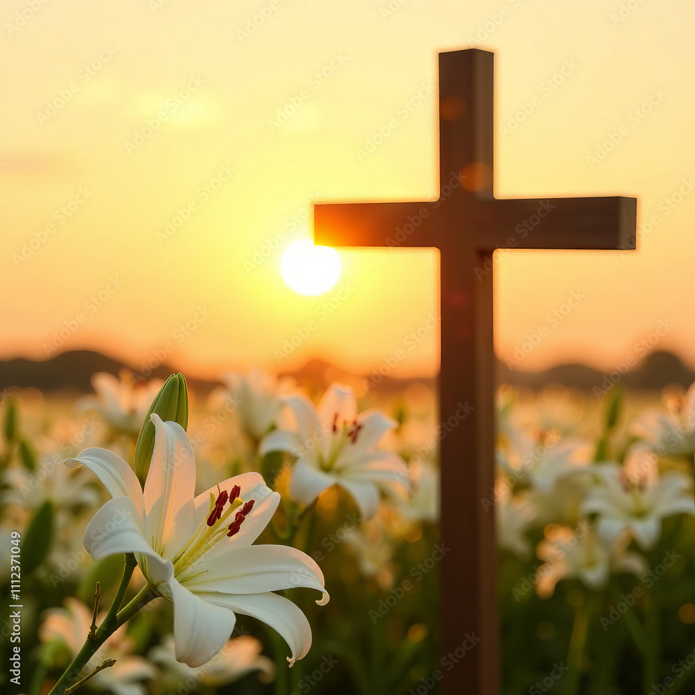 Christian cross with lily flowers outdoors at sunset. The Crucifixion ...