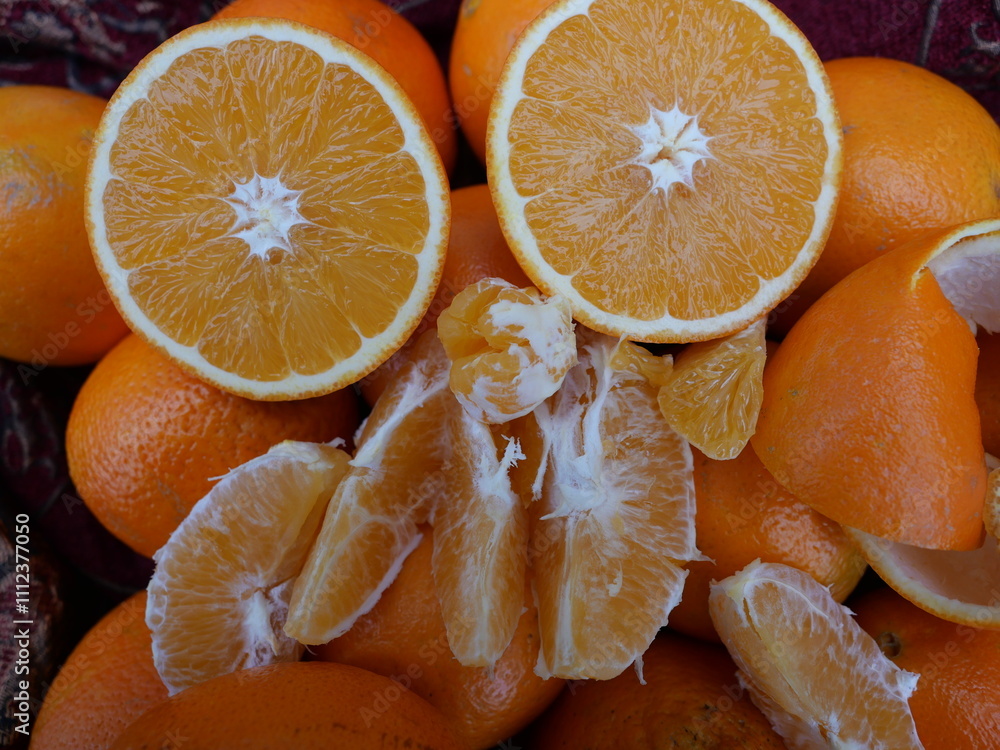 Oranges, fresh and juicy, display stunning textures in their pulp ...
