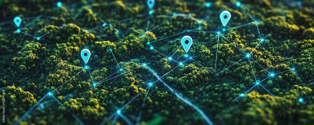 Aerial view of land plots with digital markers and network lines ...