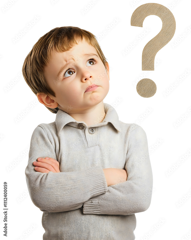 Curious little boy isolated on a transparent background, thinking with a confused expression ...