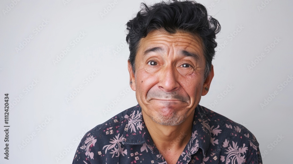 The image depicts a man with a distorted face showcasing a wide-eyed ...