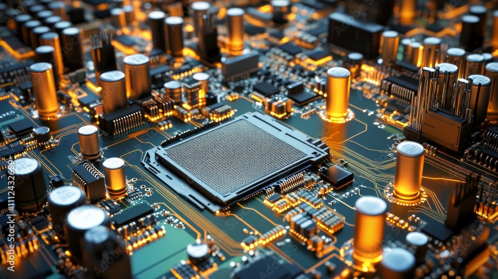 Processor, microprocessor on the motherboard. Blue neon lighting. New ...