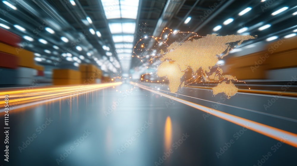 A holographic map floating in a futuristic logistics center, with ...