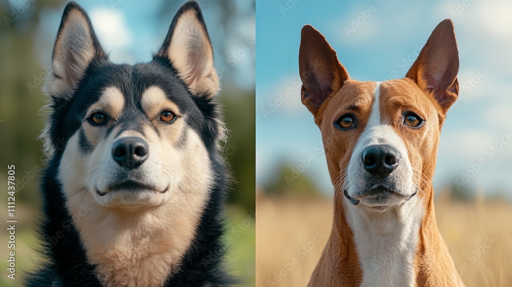 Two dogs face the camera, showcasing their striking features. The left ...