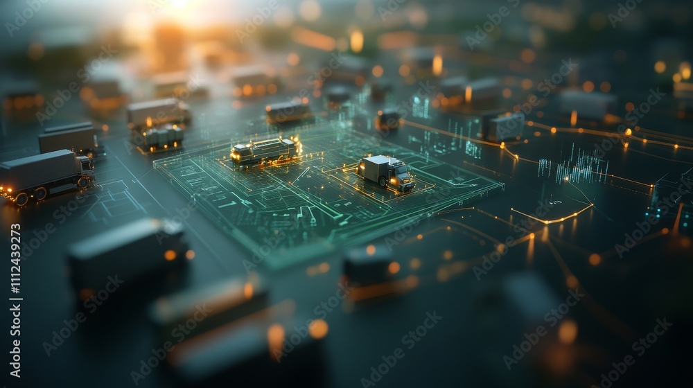 A logistics hub with automated robots and vehicles, surrounded by ...