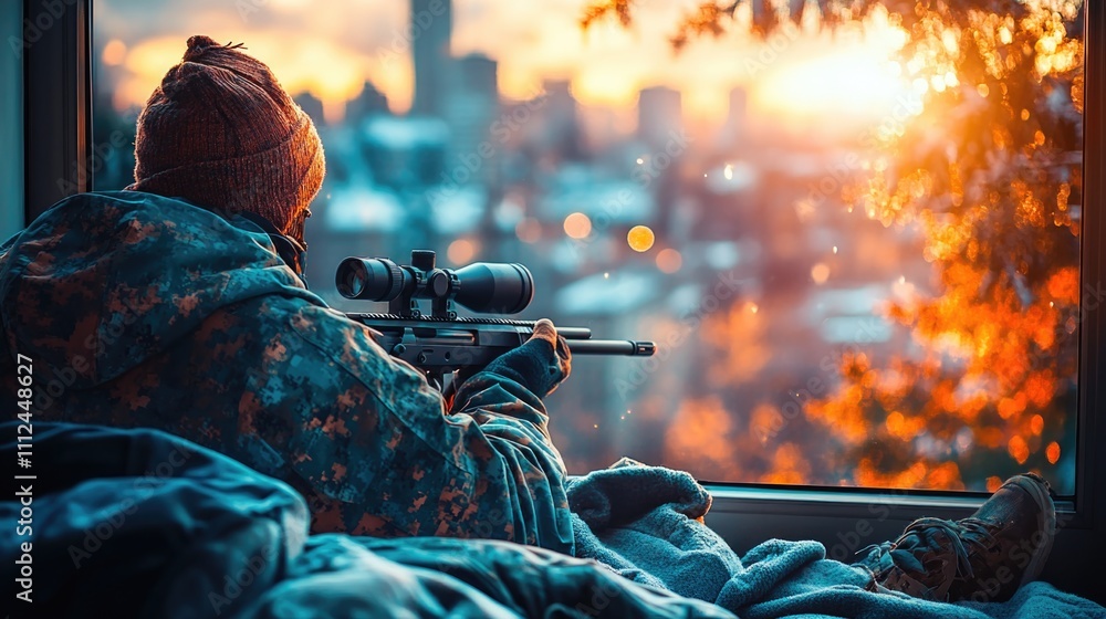 Sniper shooter holding sniper or assault rifle with zoom telescope as ...