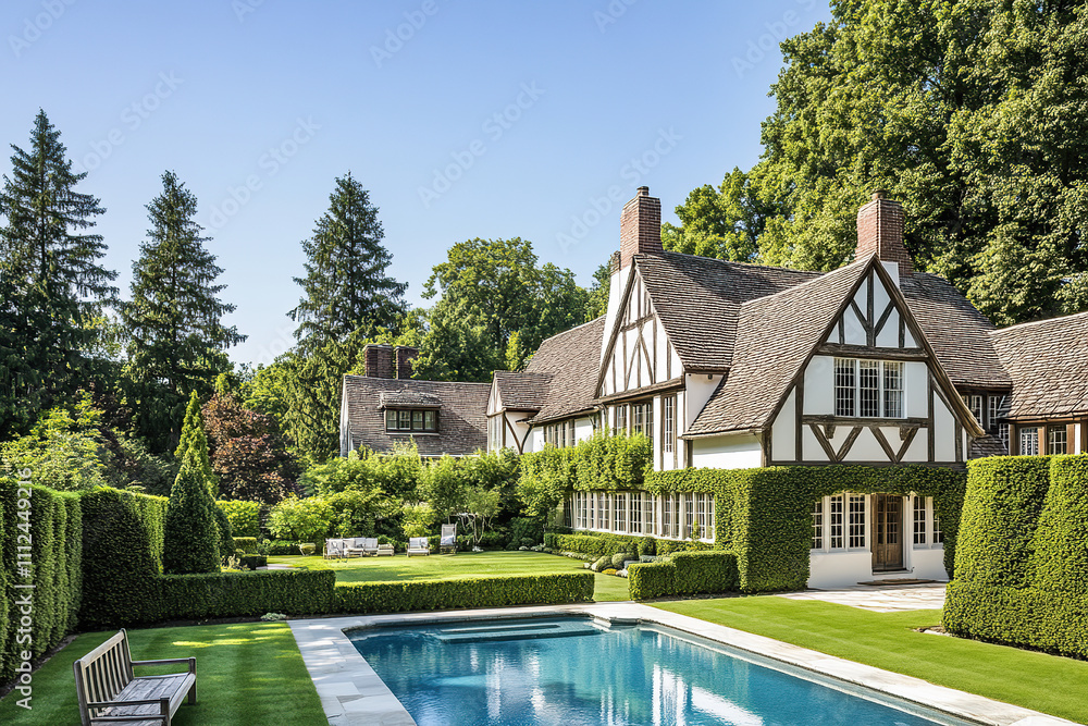 Gardens and a pool of an English-style mansion in the Pacific Northwest ...