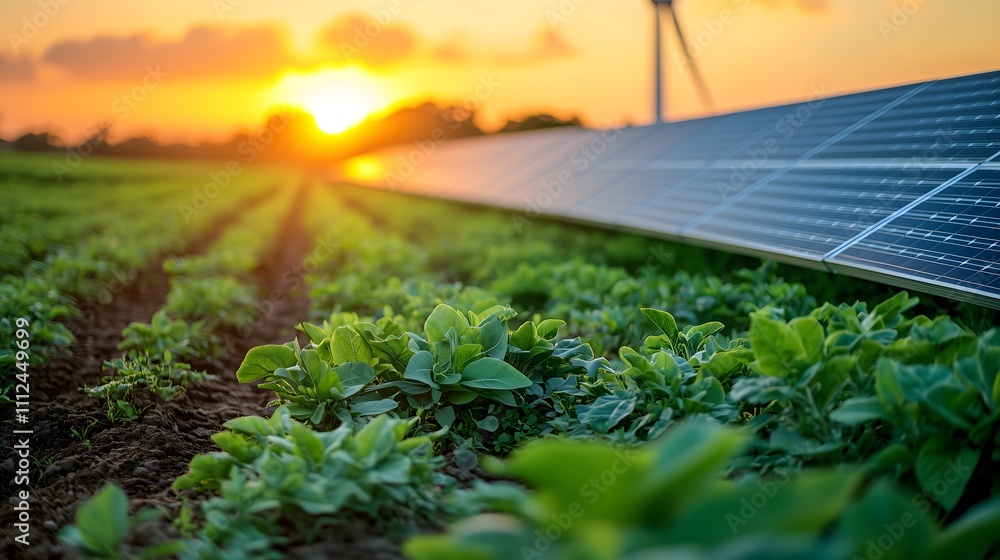 Aerial view of a modern solar panel and wind turbine farm with a sunset ...
