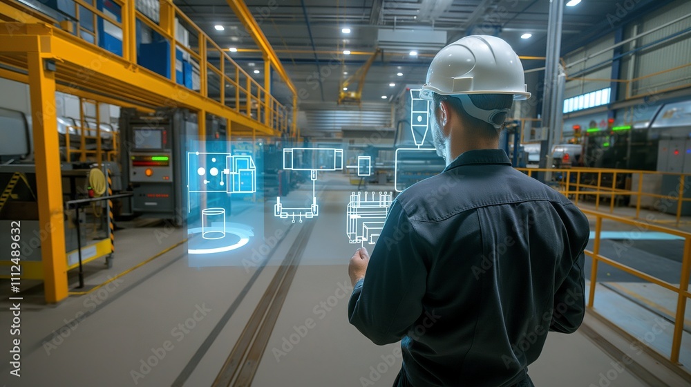 An innovative production facility with augmented reality holograms showing step-by-step assembly ...