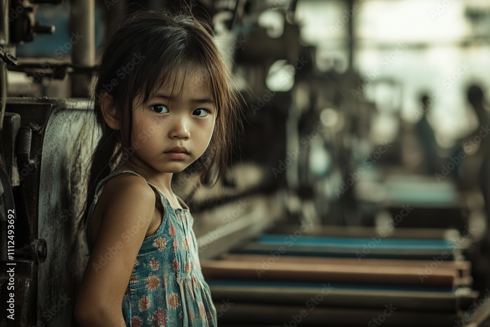 Sad Asian small girl working in textile factory. Illegal child labor ...