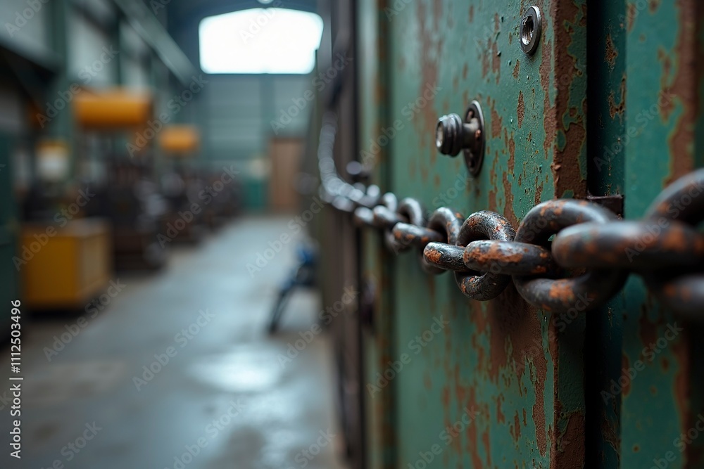 Closed factory gate with chain and padlock, symbolizing the end of an ...