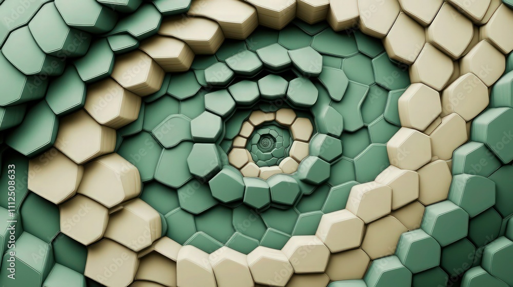 Geometric 3D helix pattern in muted green and beige, with hexagons creating an overlapping ...