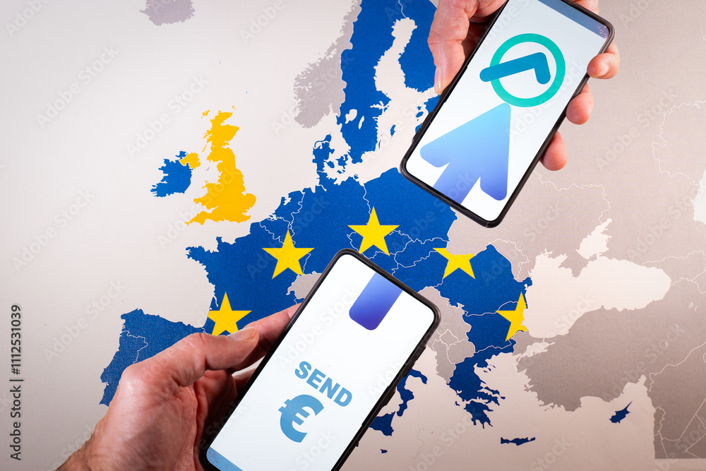 Smartphone screens displaying euro symbol and transfer icon over map of ...