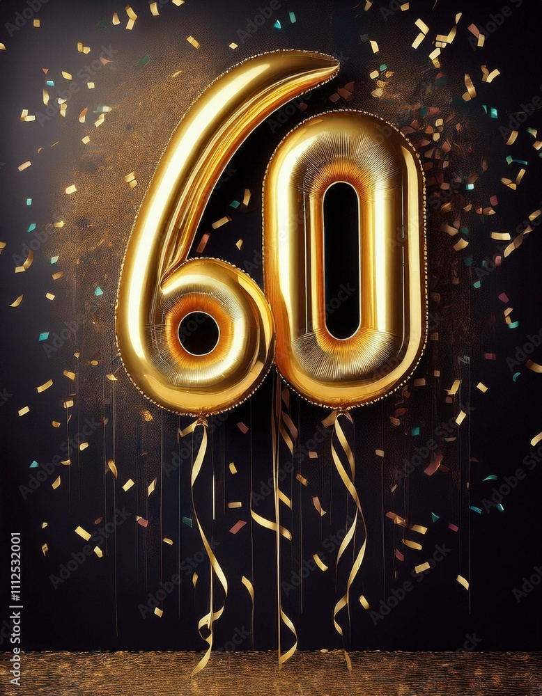 Gold birthday / anniversary balloon, number 60, black background with ...