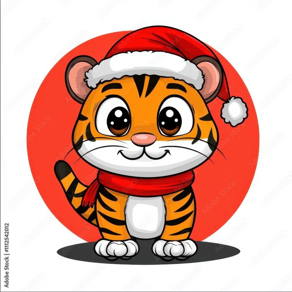 Cute cartoon illustration of a Christmas tiger cub with big sparkling ...