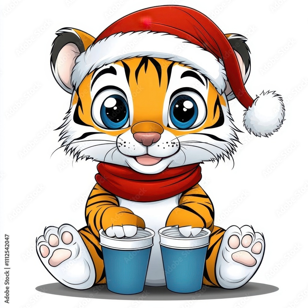Cute cartoon illustration of a Christmas tiger cub with big sparkling ...