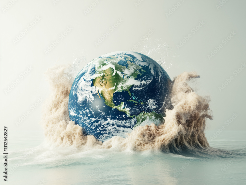 Planet earth changes due to climate change. Flood water drowning earth ...