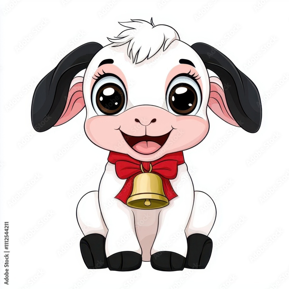 Cute cartoon illustration of a cheerful goat wearing a Christmas bell ...