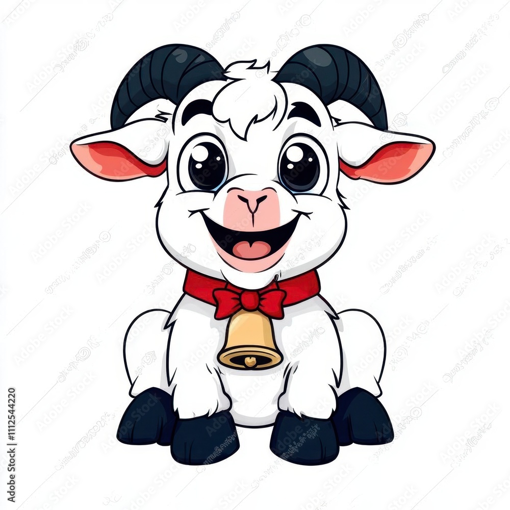 Cute cartoon illustration of a cheerful goat wearing a Christmas bell ...