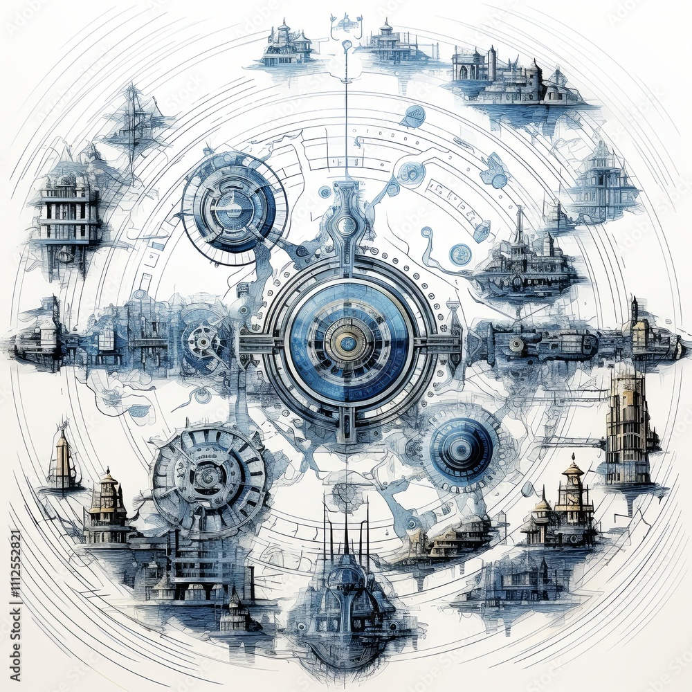 Retro-Futuristic ancient Wonderland Maps in steampunk style, in black ...