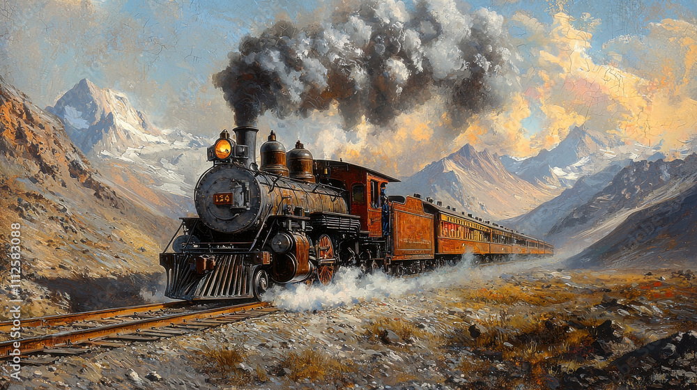 vintage steam locomotive travels through mountainous landscape ...