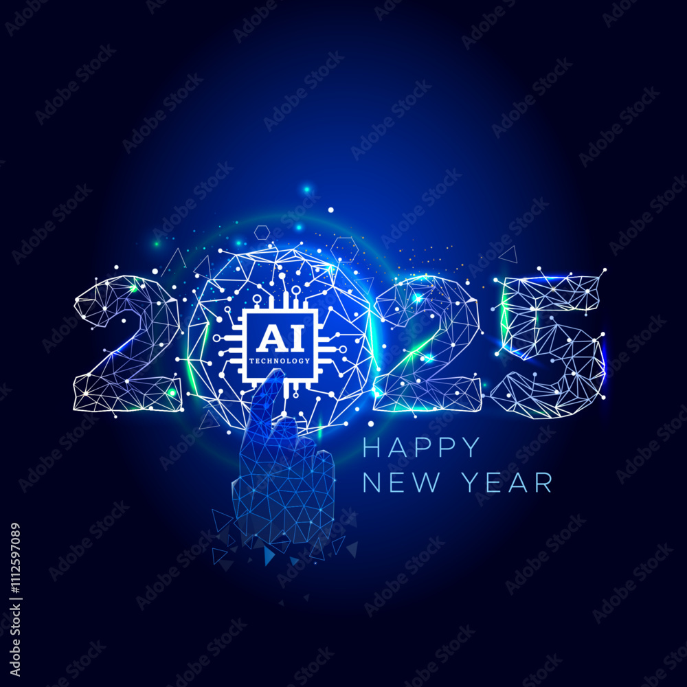 Vector illustration of Happy new year 2025 with futuristic digital world - Ai brain, artificial ...