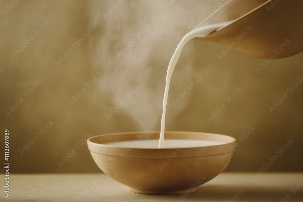 Milk being gracefully poured into ceremonial vessel with soft lighting ...