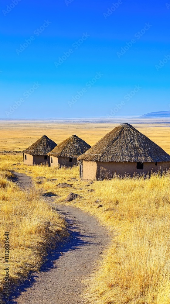 Majestic Serengeti village with mud huts under a clear blue sky ...
