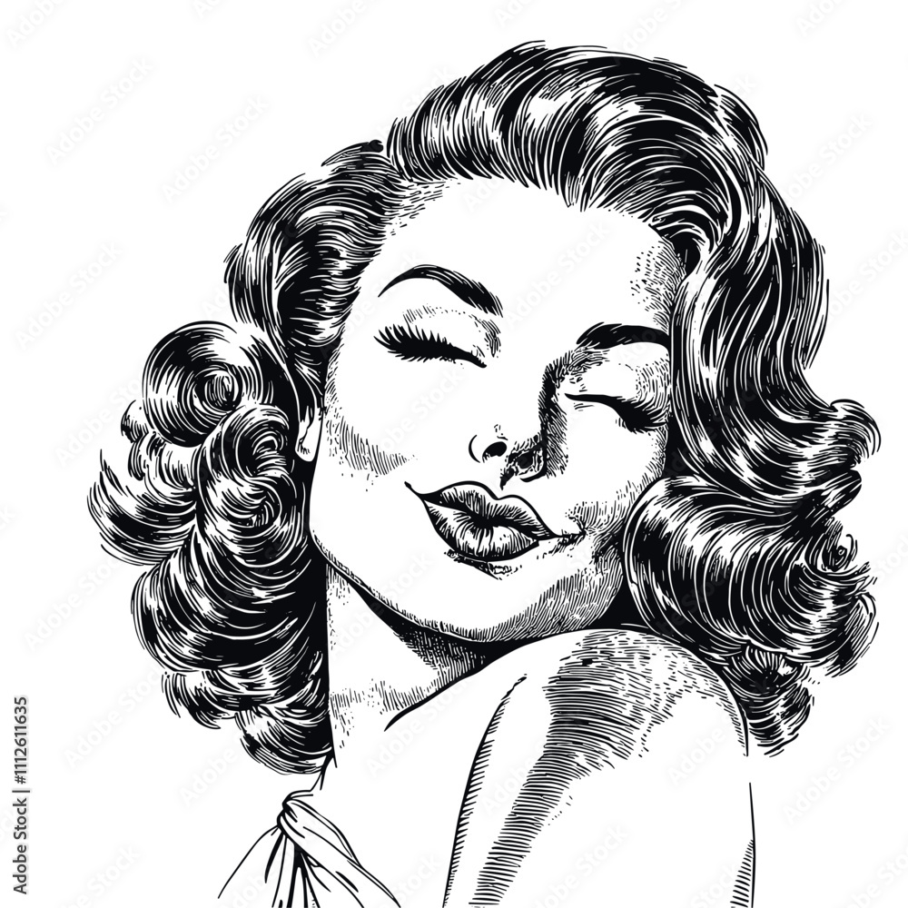 Winking Hottie Detailed Vintage Engraving Illustration on White ...