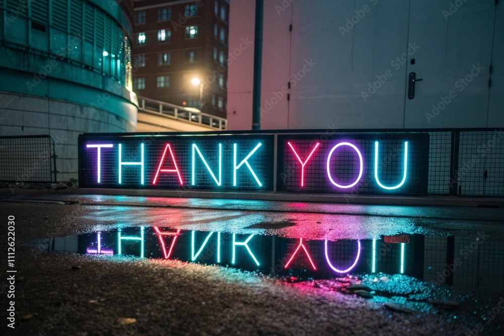 Bright neon "Thank You" sign glowing in the night, reflecting in a ...