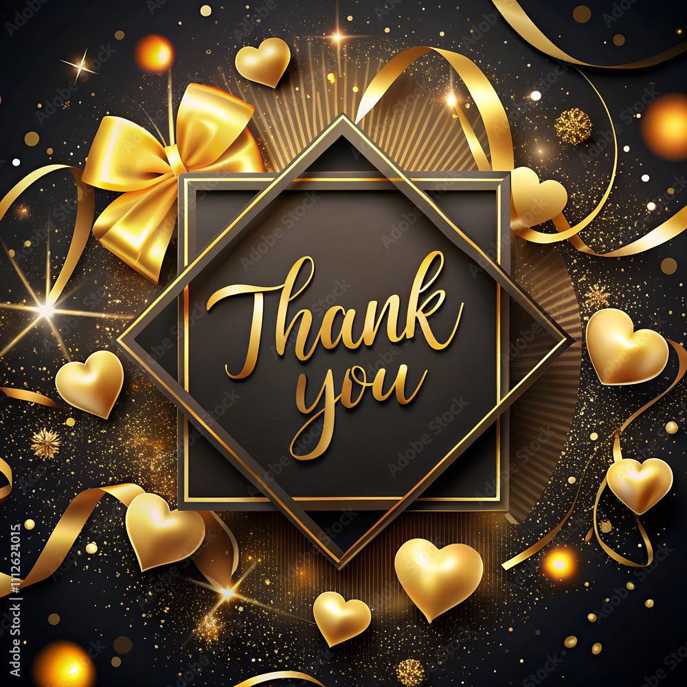 Elegant "Thank You" card design with gold lettering, a golden frame ...