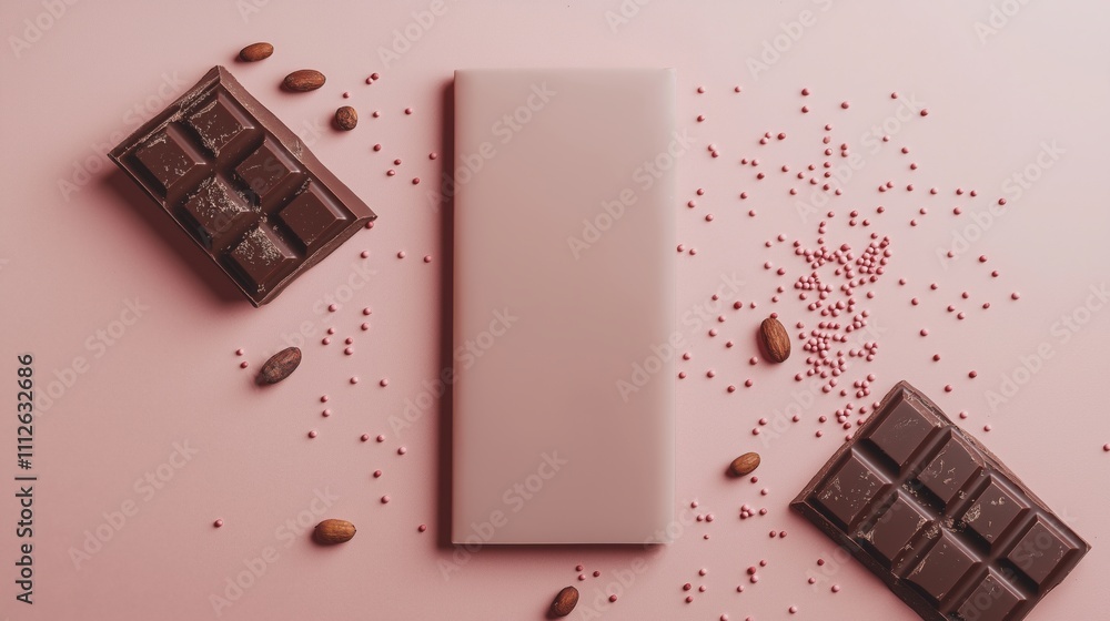 Blank chocolate bar wrapper with cocoa and pink sprinkles flat lay for ...