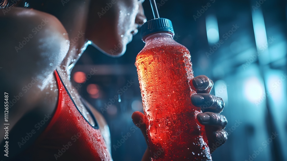 Sweaty athlete quenches thirst with a refreshing electrolyte sports ...