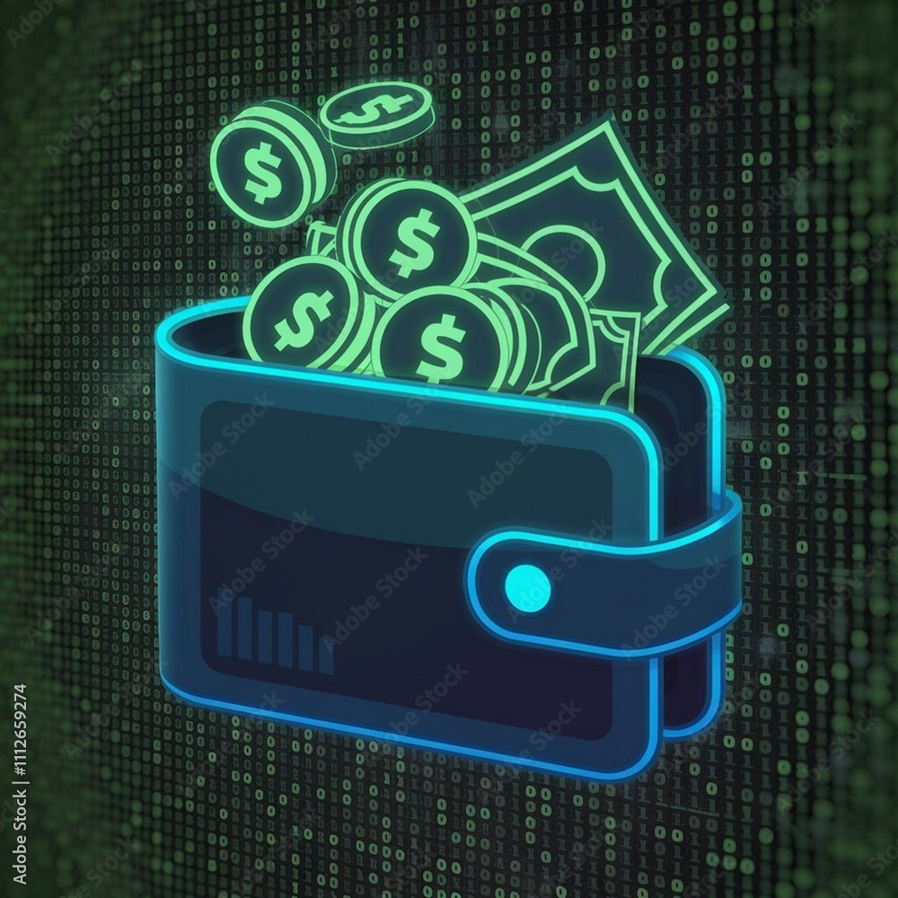 A futuristic digital wallet overflows with glowing coins and dollar ...