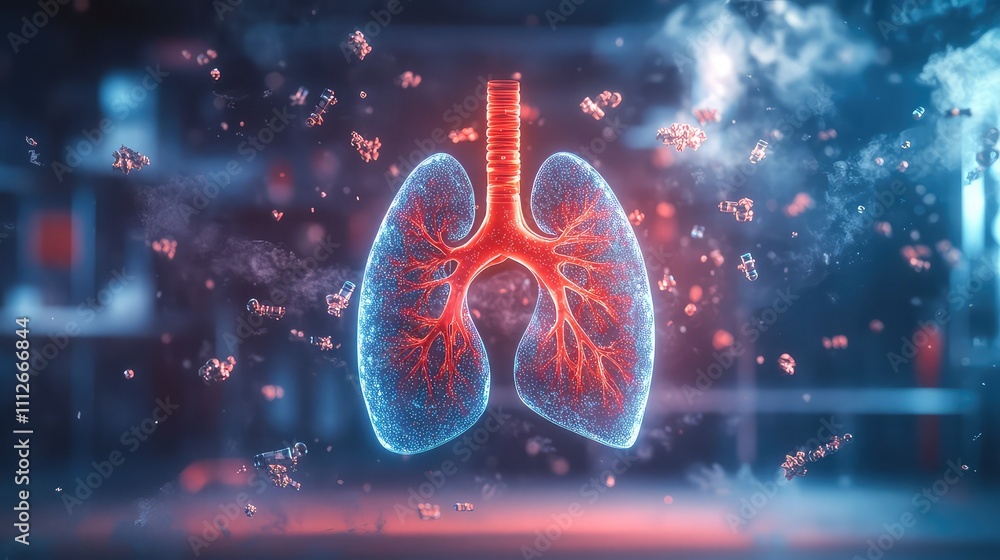 A sterile clinic where a holographic lung diagram flickers with chaotic ...