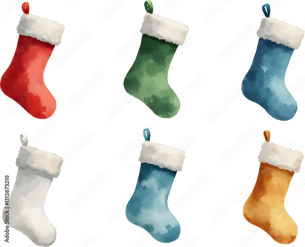 This artwork features six festive stockings in a watercolor style ...