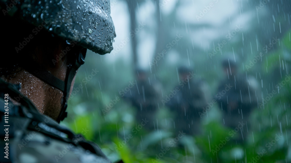 Military security checkpoint concept. soldier in rain soaked jungle ...