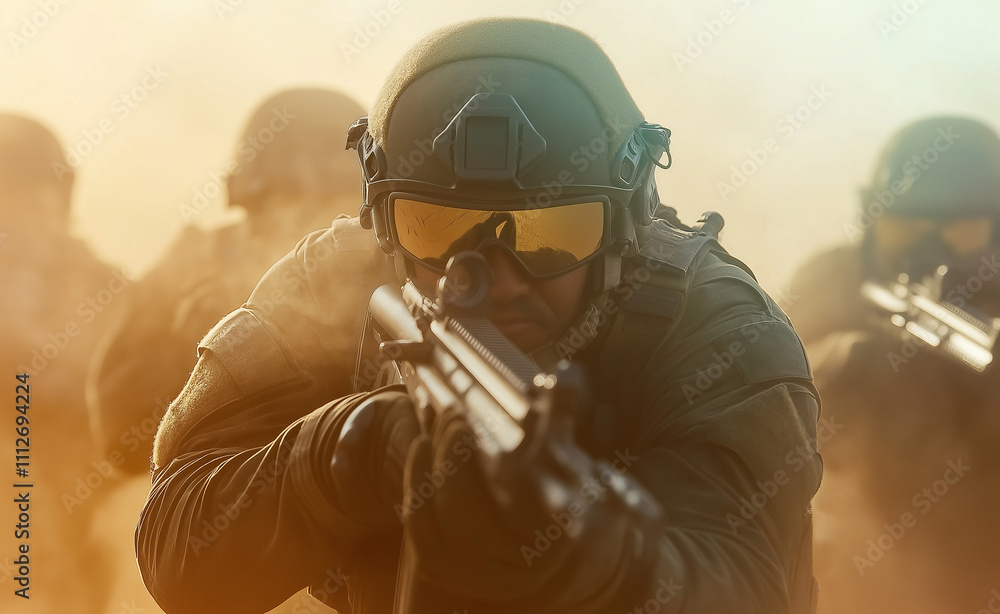 Armed soldiers in tactical helmets aiming rifles during a mission ...