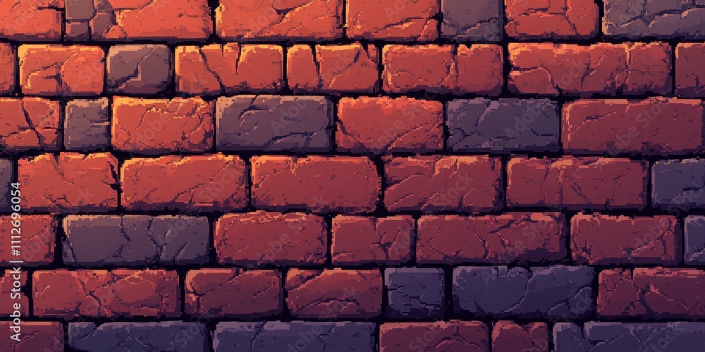 8-bit pixel art brick wall background, long format, darker red and ...