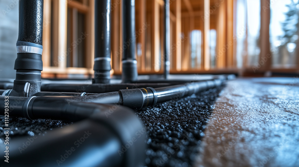 Hydronic pipes resting on an insulation mat beneath unfinished flooring ...