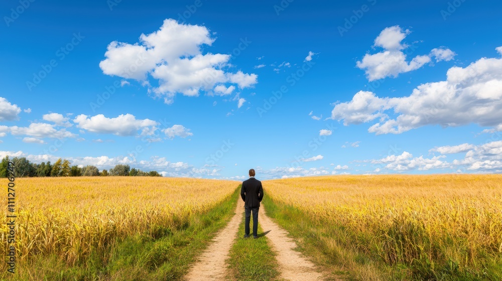Crossroads in an open field with a man hesitating between two paths ...