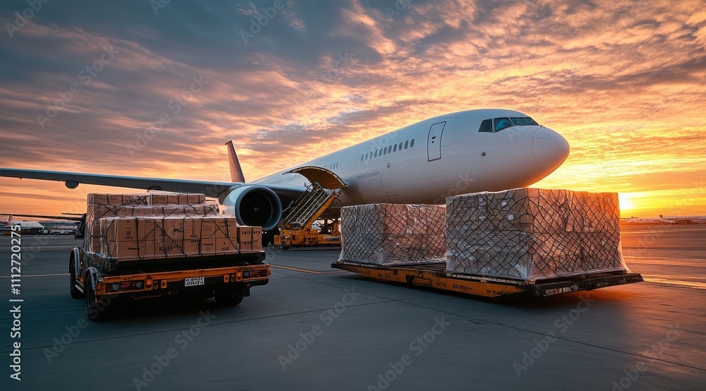 A large cargo airplane sits on the tarmac as pallets are being loaded ...