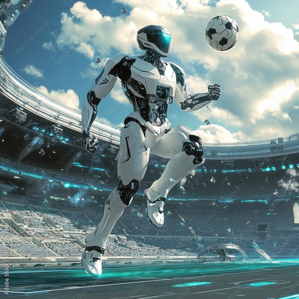 Robot Soccer Player Kicking Ball: A futuristic robot in mid-kick ...