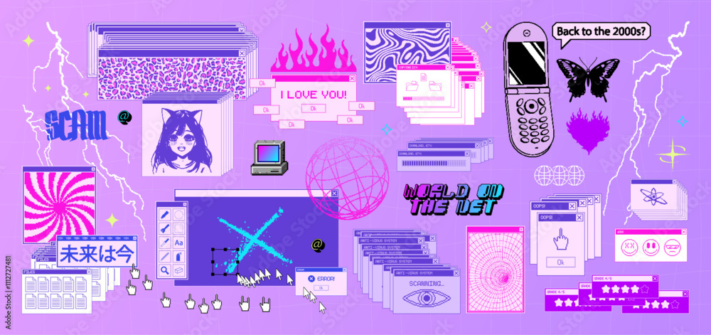 Vector de Stock Old pc desktop, retro interface with windows, buttons ...