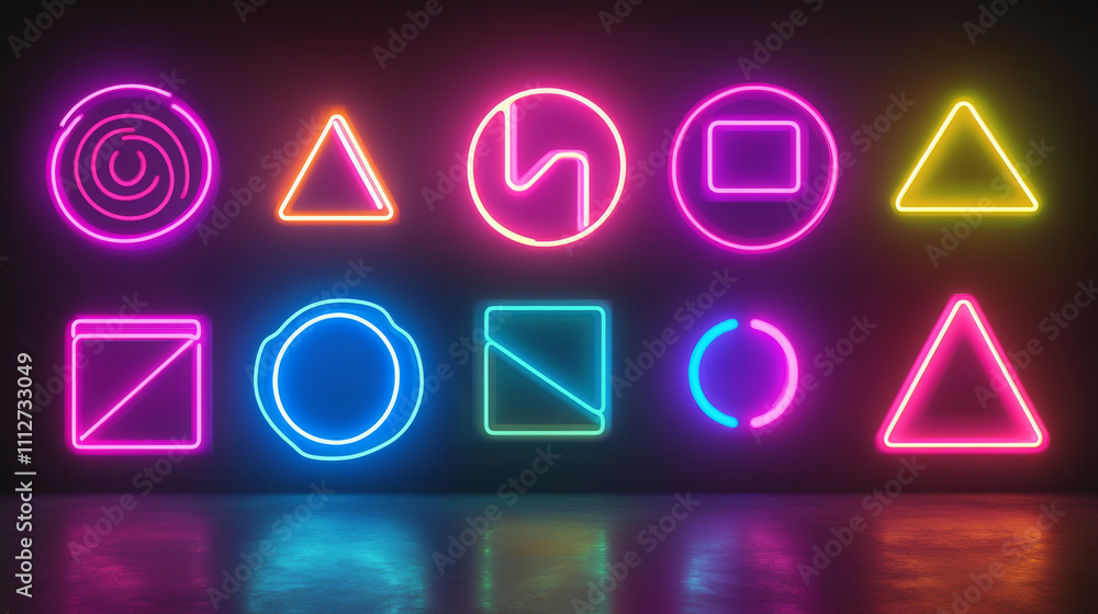 Neon glowing shapes circle, square, triangle. Popular game symbols ...