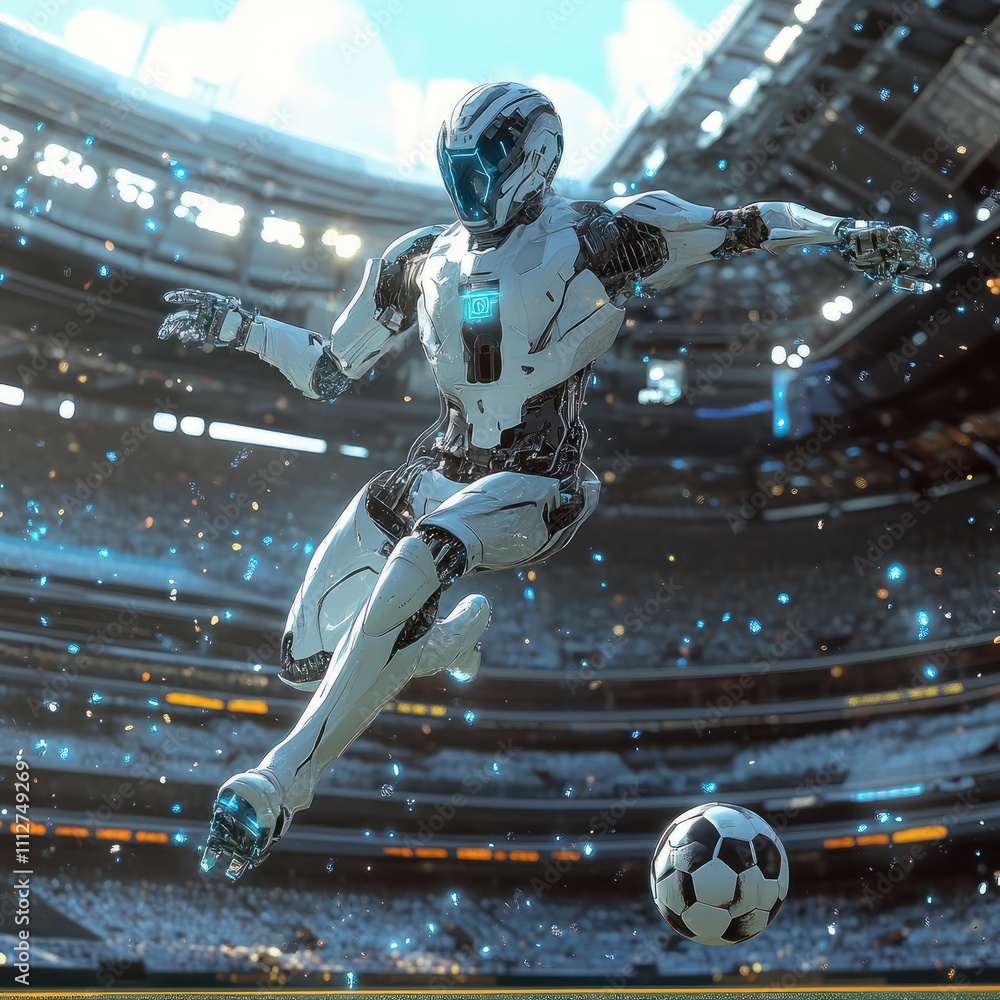 Robot Soccer Player Kicking Ball: A futuristic robot in mid-kick ...