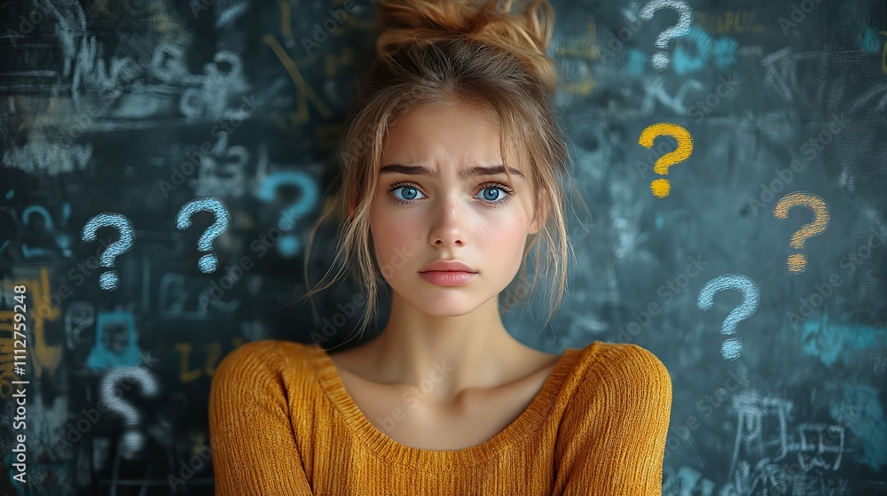 a photo of a young lady she is looking confused and has question marks ...