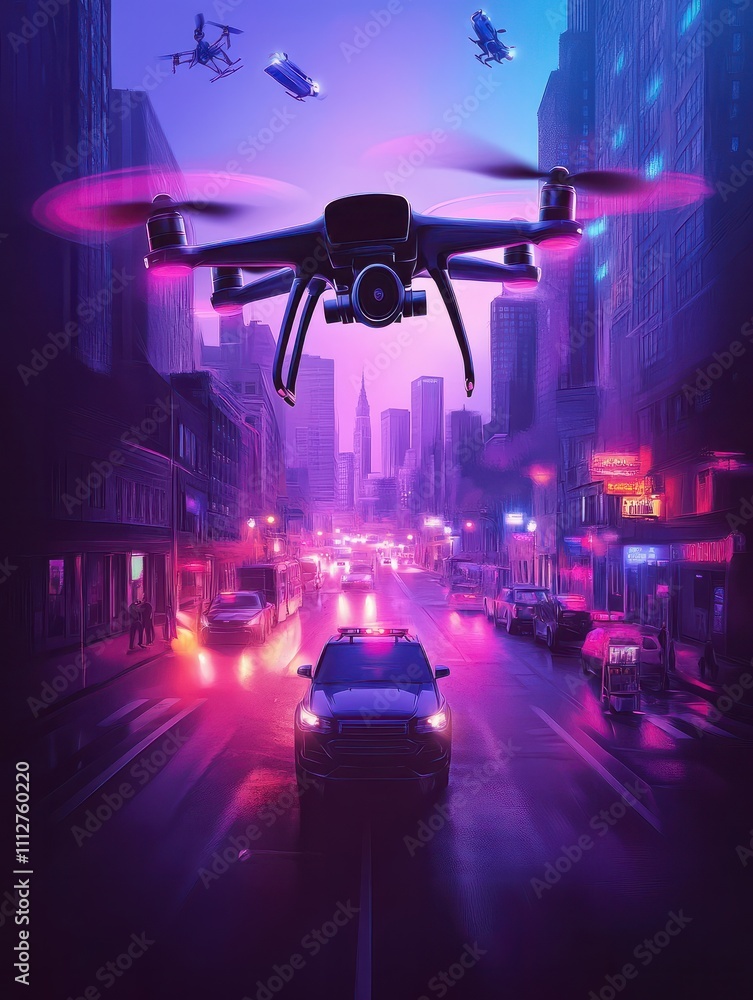 Police car and drone tracking thieve in mask with money and crime scene ...